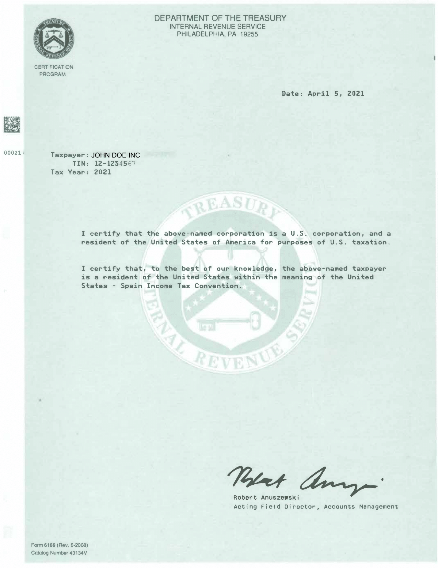 Samples Of U S Residency Certifications Form 6166 O G Tax And