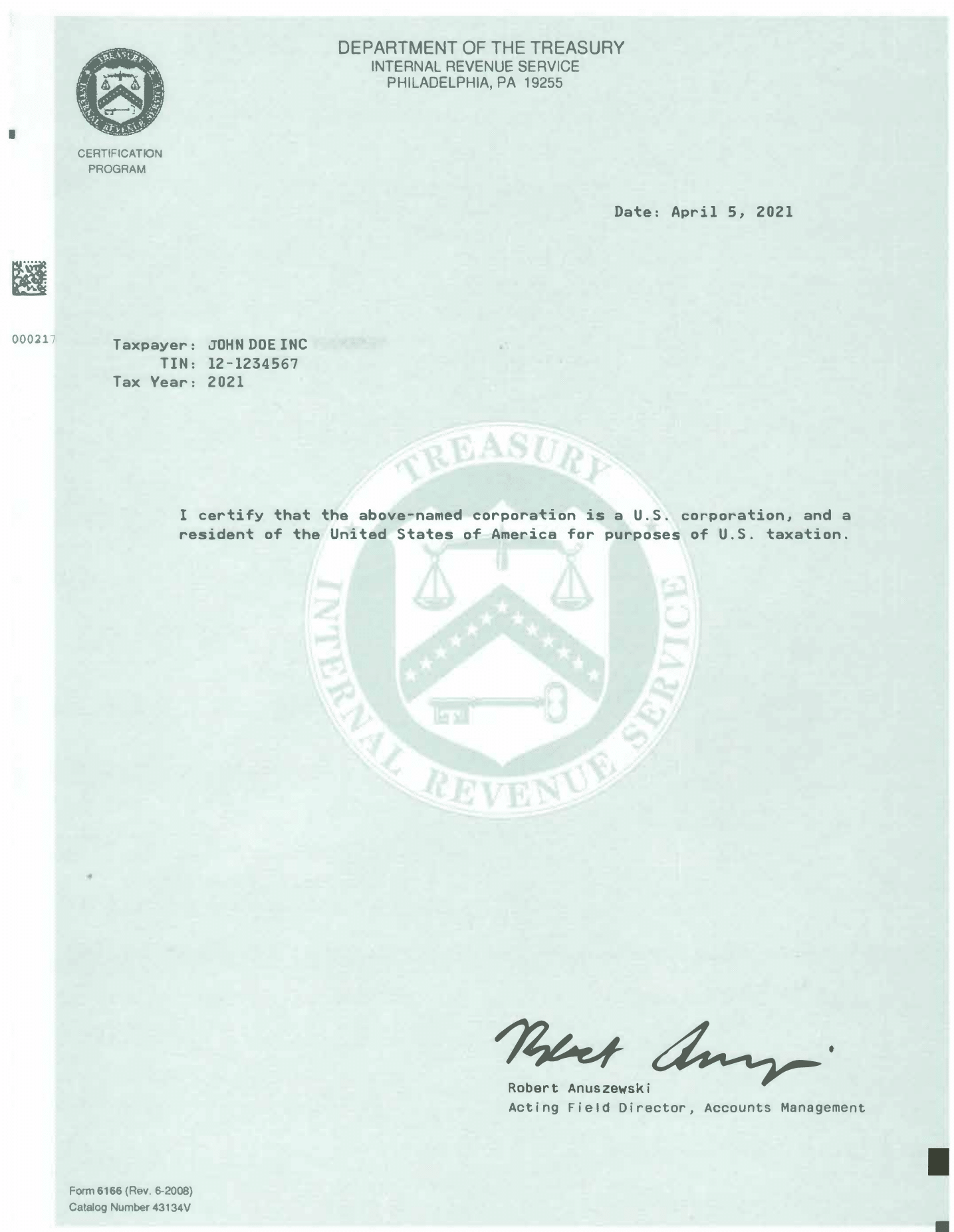 Samples Of U S Residency Certifications Form 6166 O G Tax And